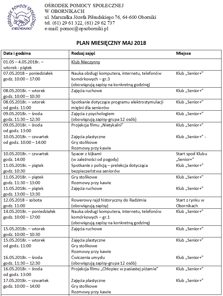 Obornicka Rada Seniorów » Poznaj nowy plan zajęć